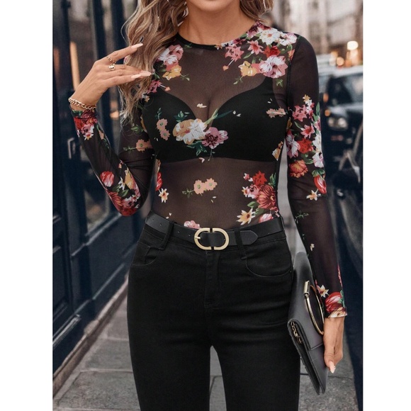 Rouge! | Tops | Black Floral Print Mesh Sheer Top Long Sleeve | Poshmark